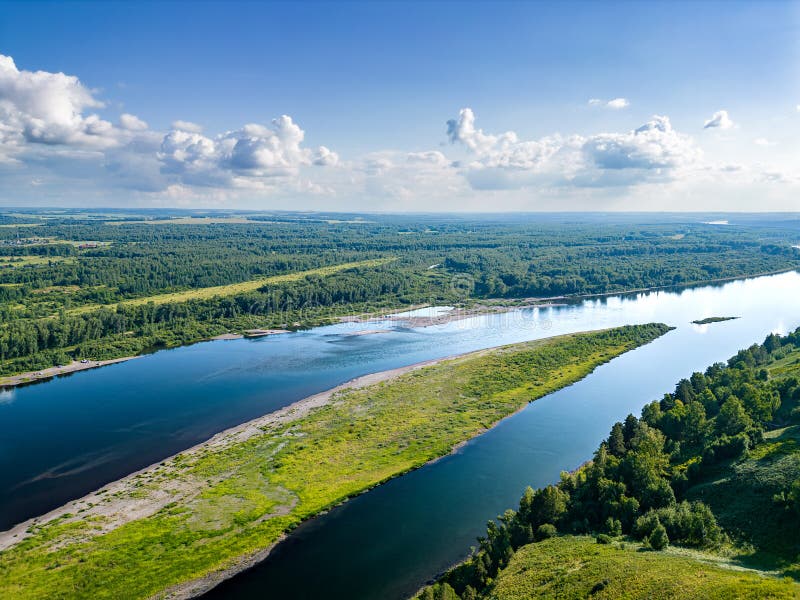 Flat River with a Large Island Covered with Small Vegetation Stock ...