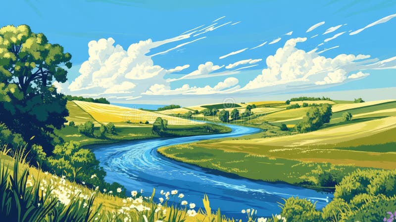 Flat River, View from a Copter, Summer Landscape Stock Illustration ...