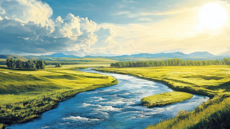 Flat River, View from a Copter, Summer Landscape Stock Illustration ...