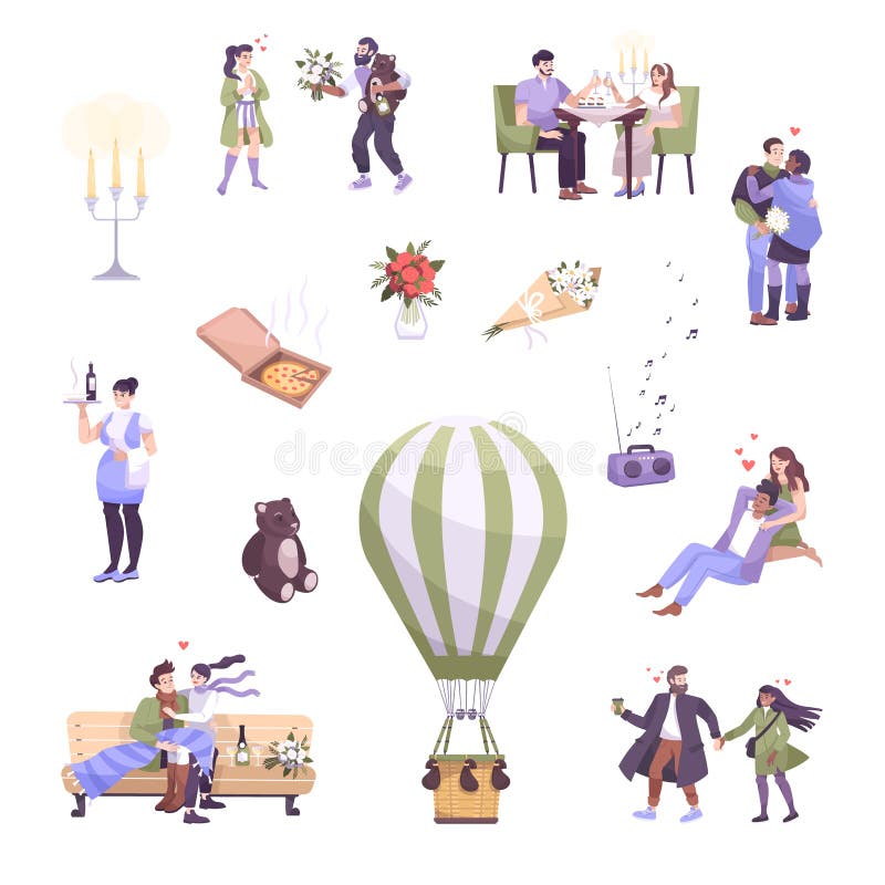 Flat Romantic Couple Set Icon Set Stock Vector - Illustration of ...