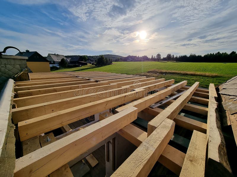 Flat Roof System with Wooden Timber, Beams and Shingles Stock Photo ...