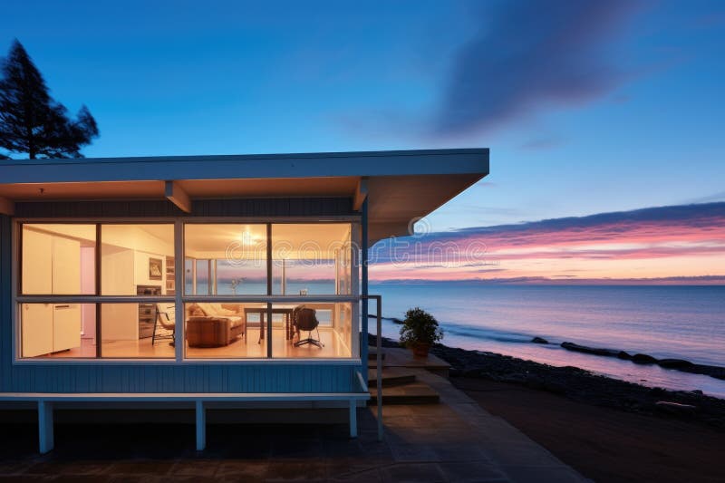 Flat-roofed Beach House Overlooking Ocean during Dusk Stock Photo ...