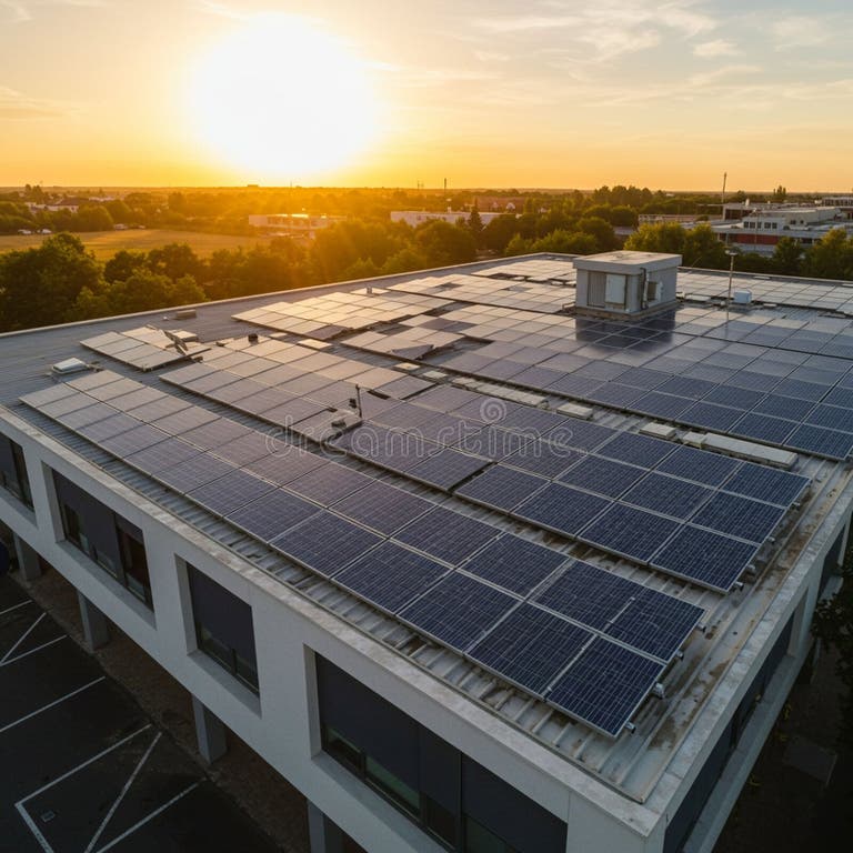 Flat-roofed Building with an Extensive Array of Solar Panels, Capturing ...