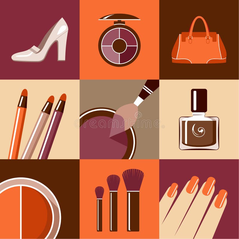 Flat Round Icons with Makeup and Accessories. Stock Vector - Illustration of glamour, female ...