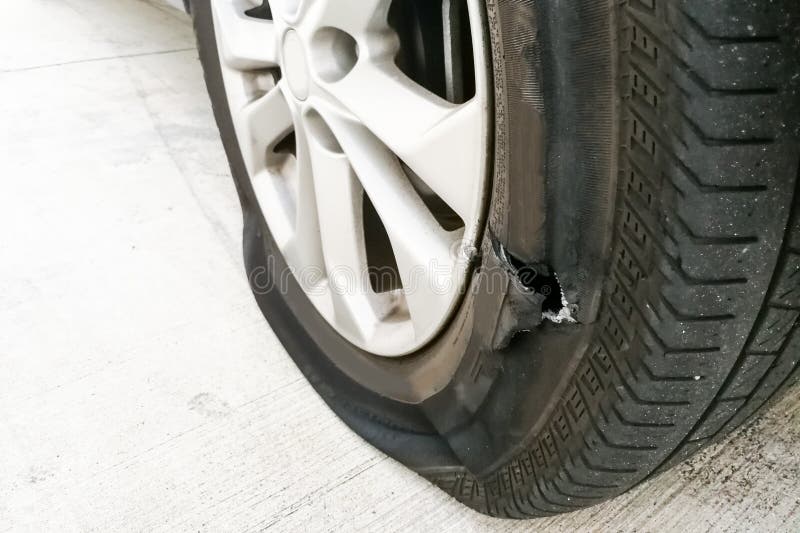 Flat Ruptured Tire Wheel on Car with Rim Stock Image - Image of service ...