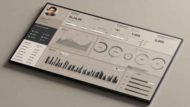 Flat Screen Shows User Interface with Graphs, Data, and a Profile of ...