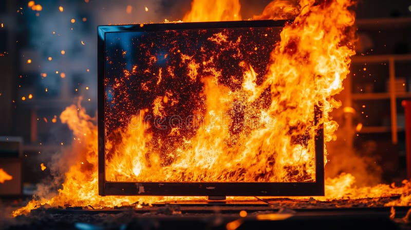 A Flat Screen Television on Fire in a Dark Room Stock Photo - Image of ...