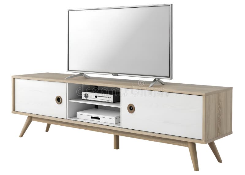 Flat Screen Television on Light Wooden TV Stand Stock Illustration ...