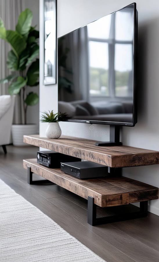 A Flat Screen Television Sitting on Top of a Wooden Shelf Stock Image ...