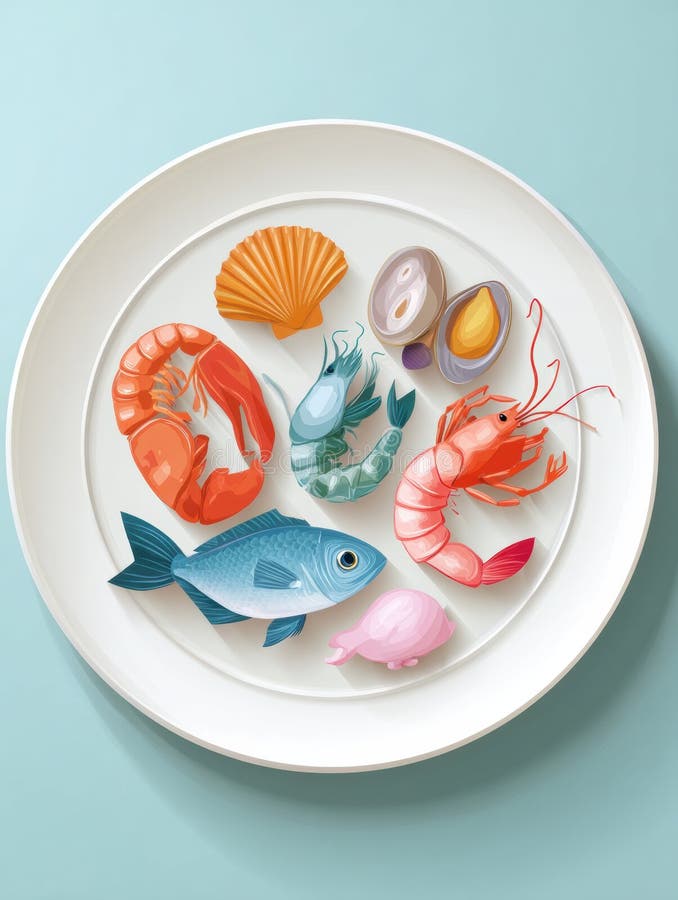 Flat Seafood Set Arranged on a Round Plate Featuring Various Sea ...