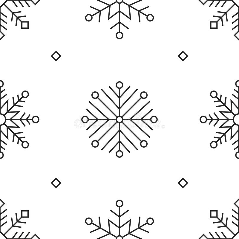 Flat Seamless Pattern with Snowflakes Drawing. Black and White Line Art ...