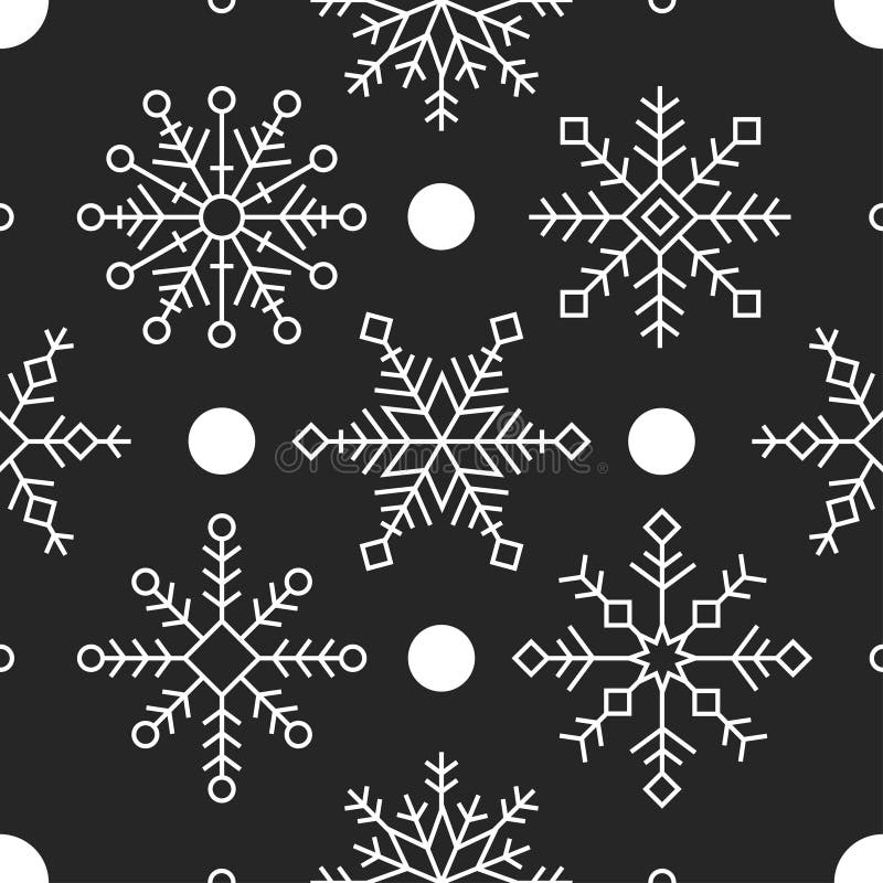 Flat Seamless Pattern with Snowflakes Drawing. Black and White Line Art ...
