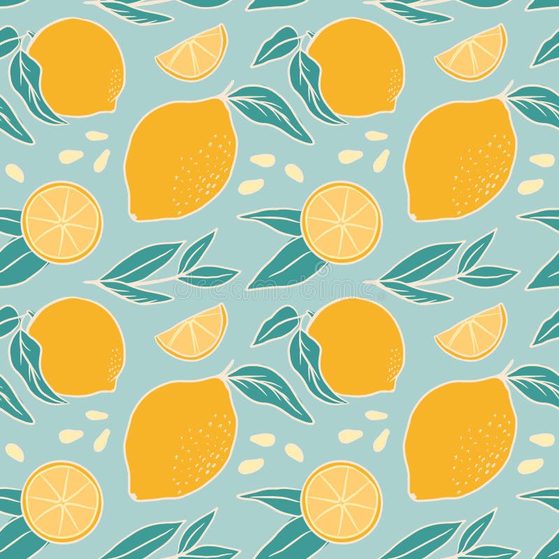 Flat Seamless Pattern with Yellow Lemons. Fruit Vector Pattern on Blue ...