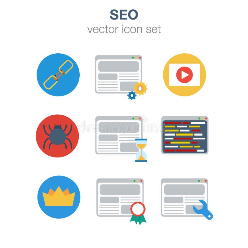 Flat SEO Optimization Icon Set Stock Vector - Illustration of symbol ...