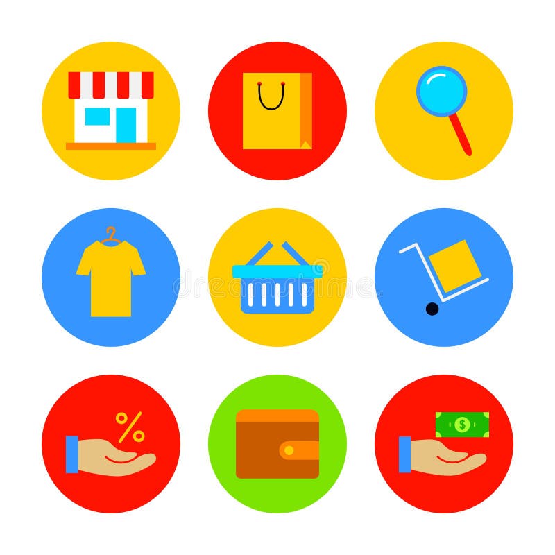 Flat Shop Icon Set. Vector Illustration of Shopping Objects Stock ...
