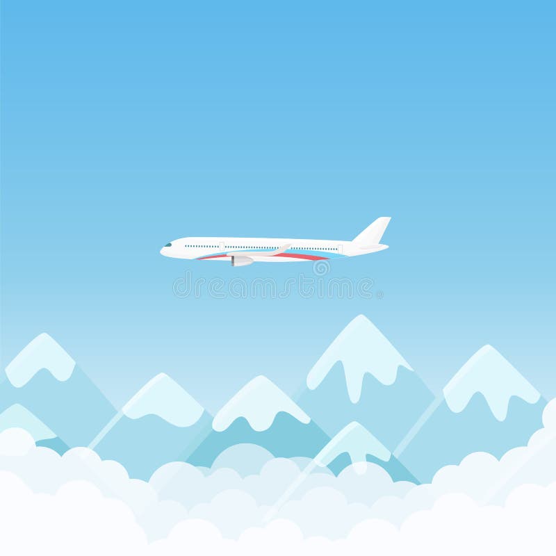 Flat Simple Travel Banner with Aircraft with Mountains in Clouds Vector ...