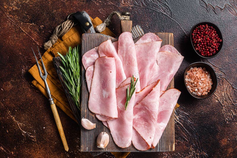 Flat Slices of Square Sandwich Ham with Herbs. Dark Background Stock ...
