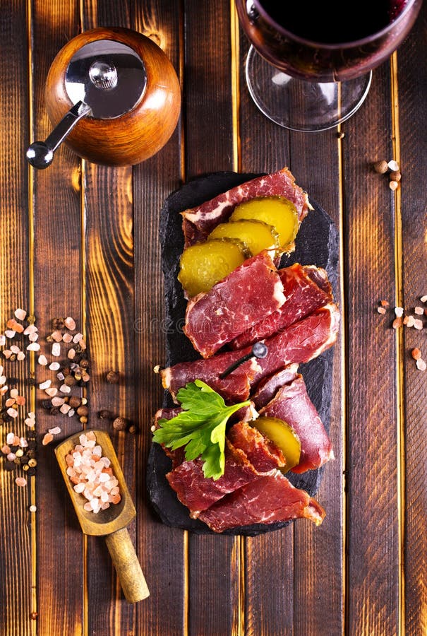 Flat Slices of Square Sandwich Ham with Herbs. Dark Background. Top ...