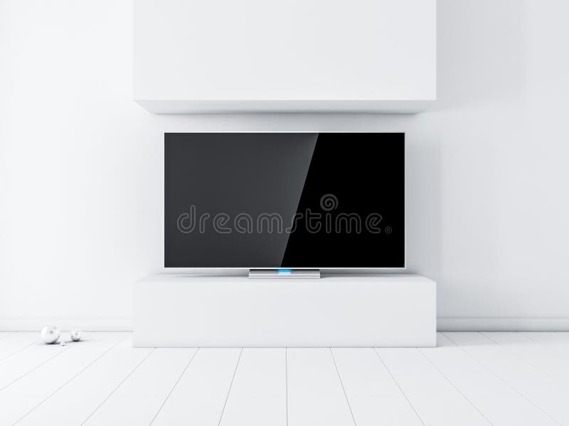 Flat Smart Tv Set with White Screen Mockup on Stand, White Interior ...