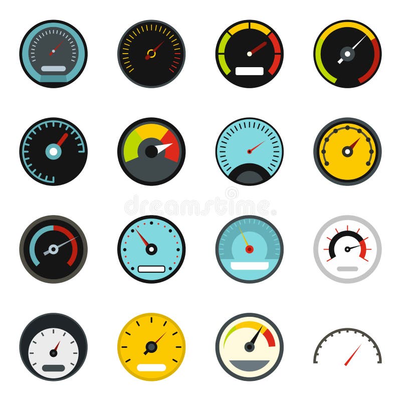 Speedometer Icons Set, Flat Style Stock Illustration - Illustration of ...