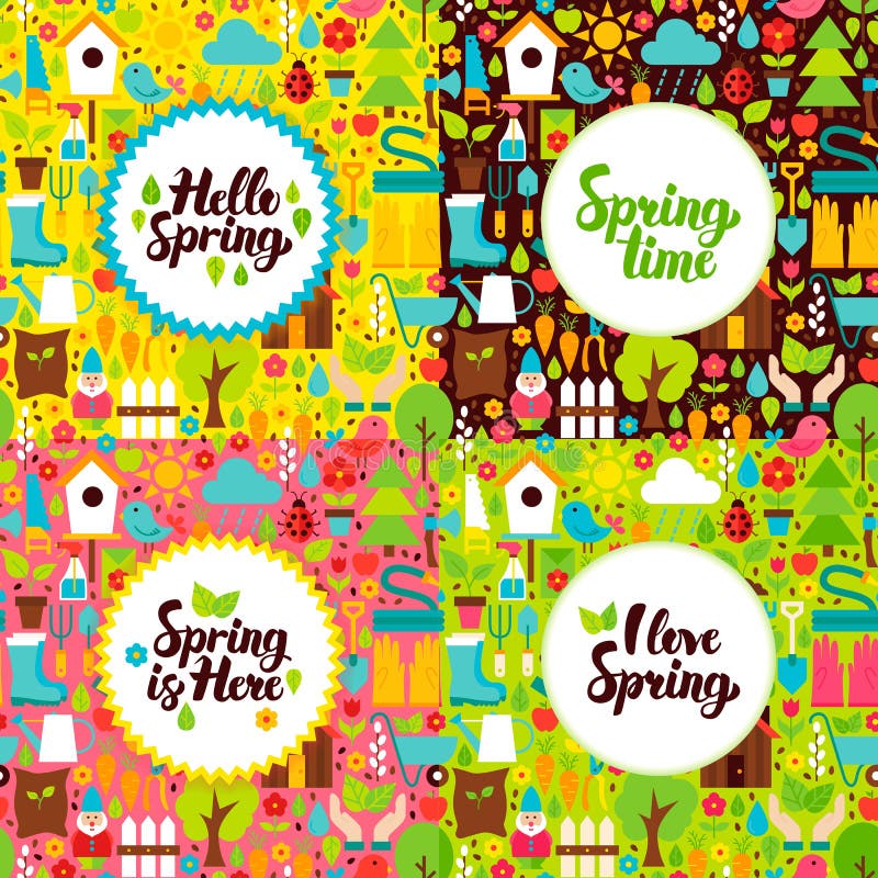 Flat Spring Garden Postcards Stock Vector - Illustration of grow ...