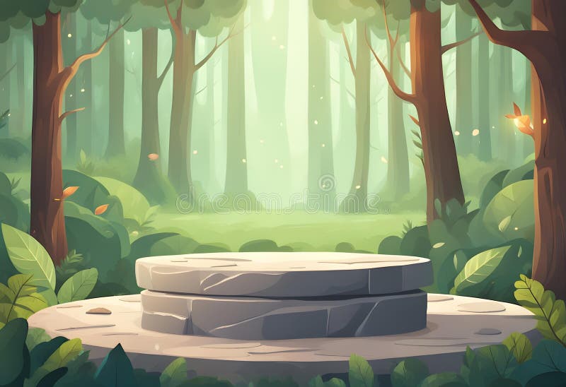 Flat Stone Podium in the Magical Forest , Empty Round Stand Background ...