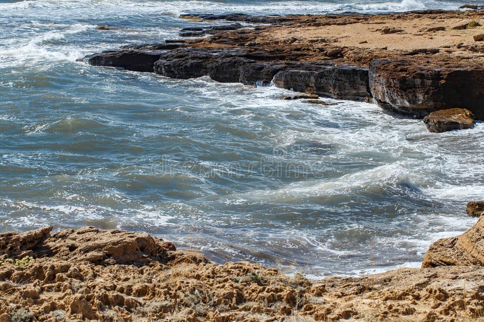 Flat Stone Rocks Seashore, Waves on the Water Stock Photo - Image of ...