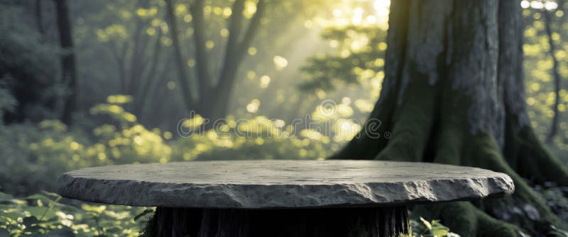 Flat Stone Tabletop Resting on a Tree Stump with a Lush Green Backdrop ...