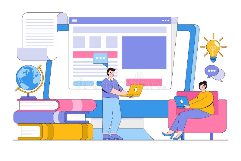 Flat Study from Home Online Classes Concept. Outline Design Style ...