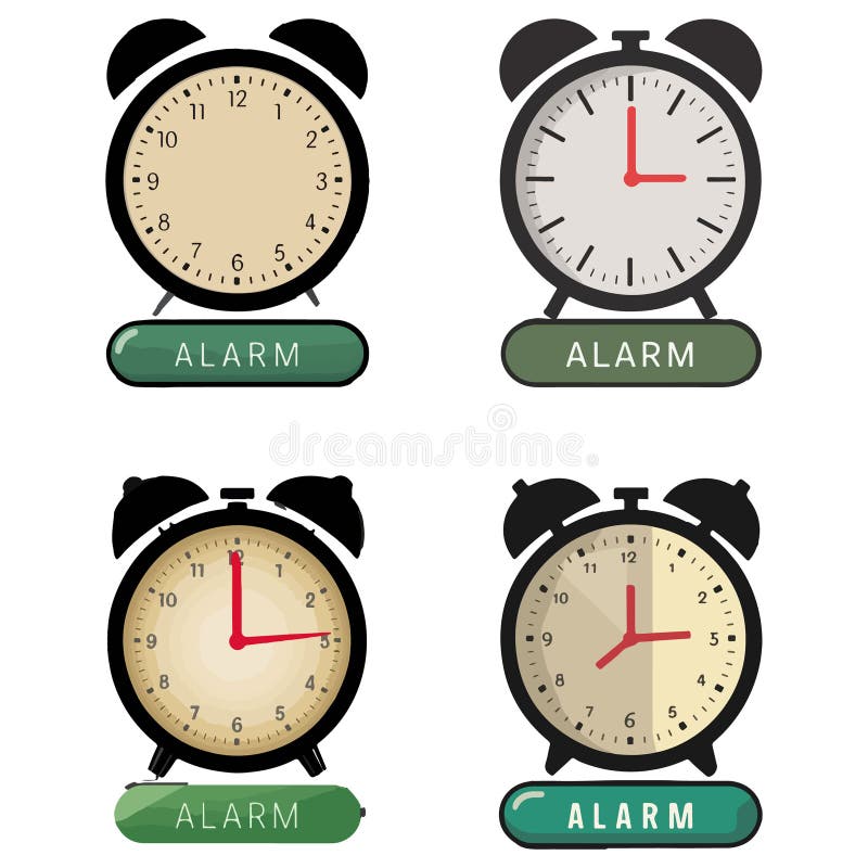 Flat Style Alarm Clock Illustration with Red Pointer and Green "ALARM ...