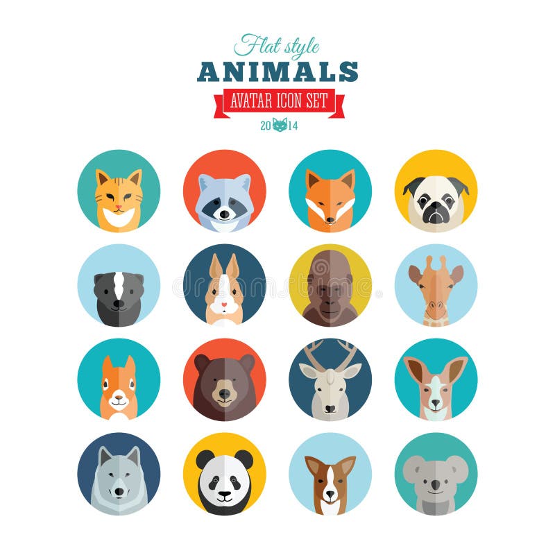 Flat Design Style Animal Avatar Icon Set Stock Vector - Illustration of ...