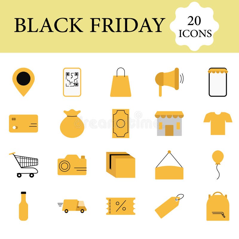 Flat Style 20 Black Friday Icon Set in Yellow Stock Illustration ...
