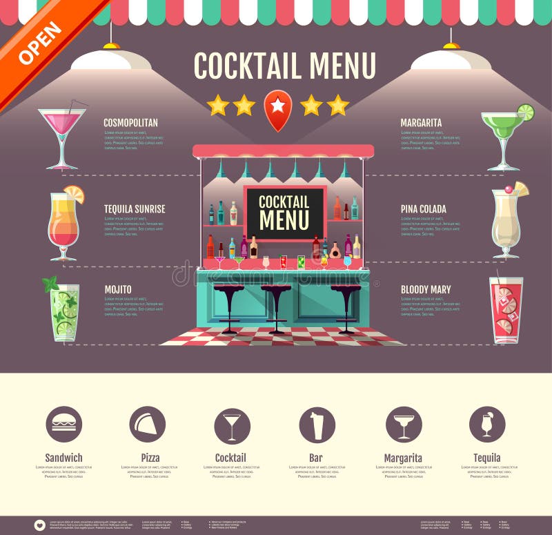 Flat Style Cocktail Bar Design. Web Site Design. Cocktail Menu Stock ...
