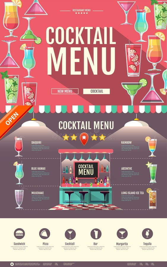 Flat Style Cocktail Bar Design. Web Site Design. Cocktail Menu Stock ...