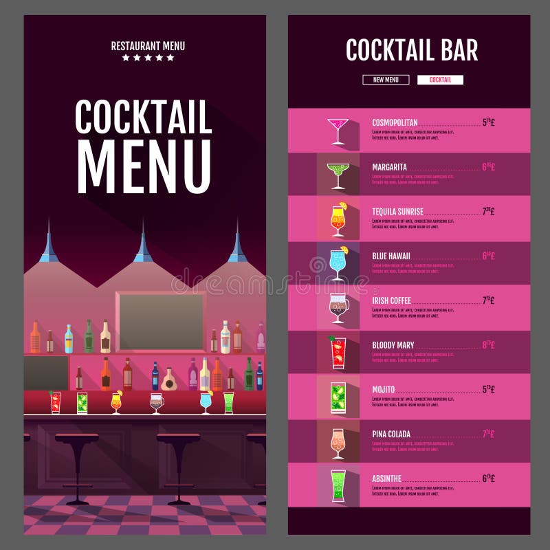 Flat Style Cocktail Menu Design with Bar Interior Stock Vector ...