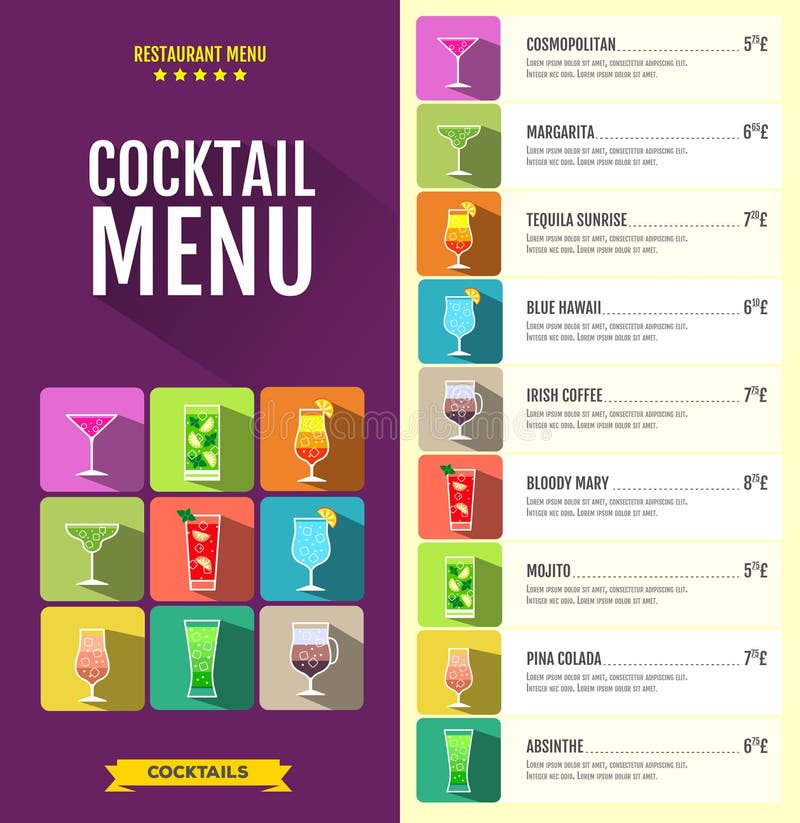 Flat Style Cocktail Menu Design Stock Vector - Illustration of document ...