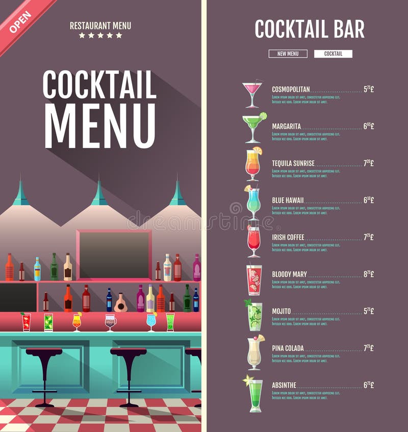 Flat Style Cocktail Retro Menu Design with Bar Interior Stock Vector ...