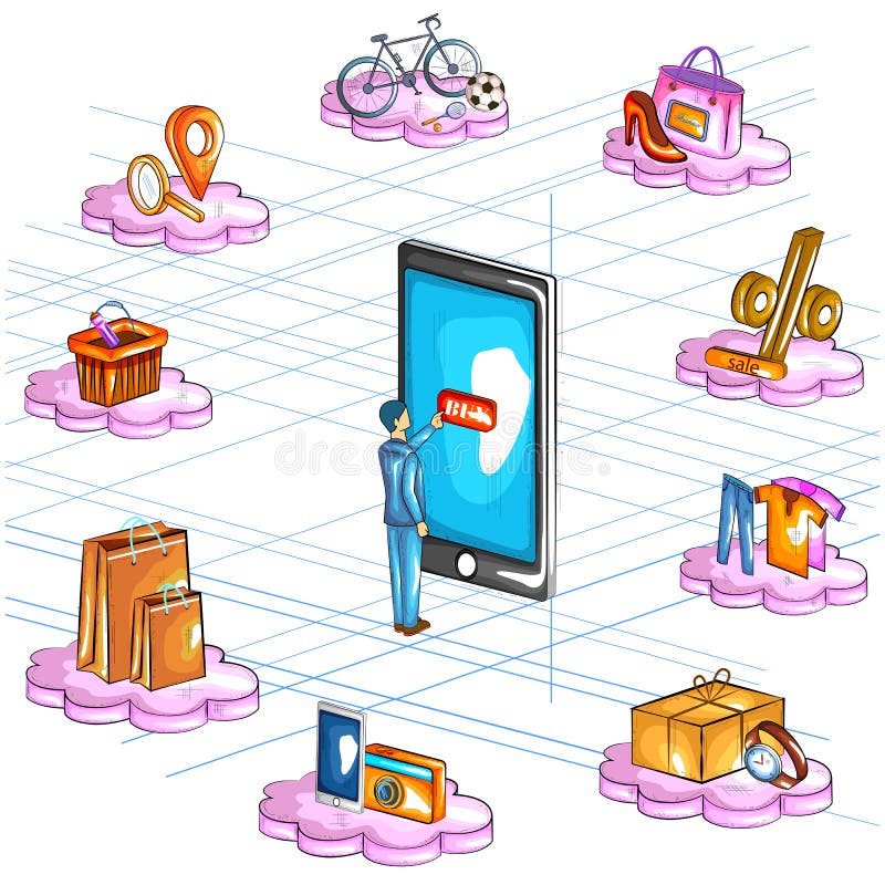 Flat Style 3D Isometric View of E Commerce Online Shopping Application ...