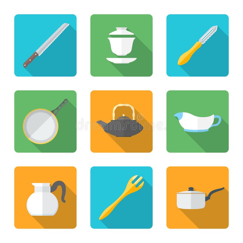 Flat Style Design Dinnerware Icons Set Stock Vector - Illustration of gaiwan, food: 48225878
