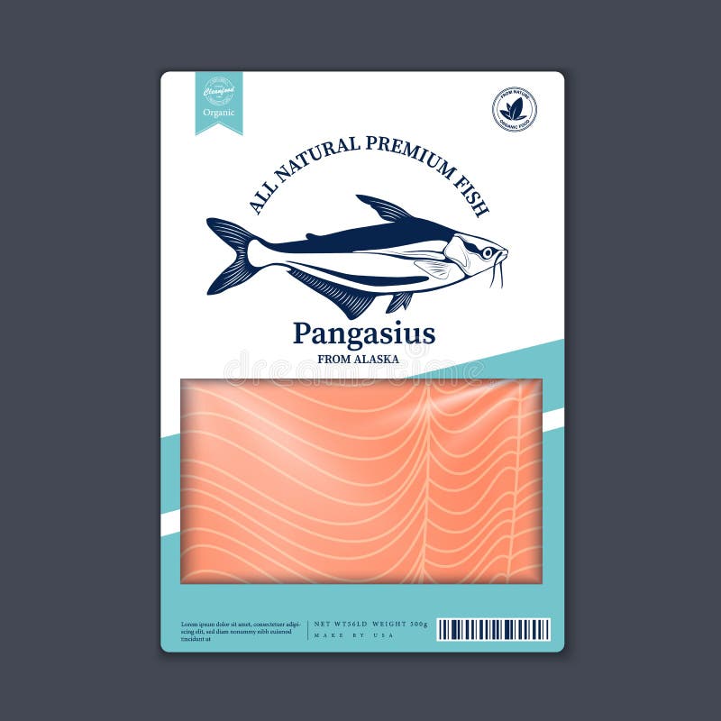 Flat Style Fish Packaging Design, Vector. Pink Salmon, Pangasius and ...
