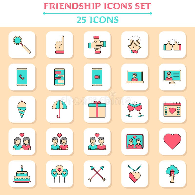 Flat Style 25 Friendship Icon Set on White and Yellow Background Stock ...