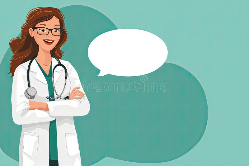 Flat Style Graphic Woman Doctor With Stethoscope And Empty Bubble