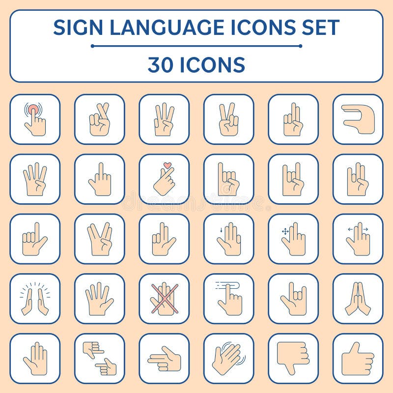 Flat Style 30 Hand Sign Language Icons or Symbols Stock Illustration ...