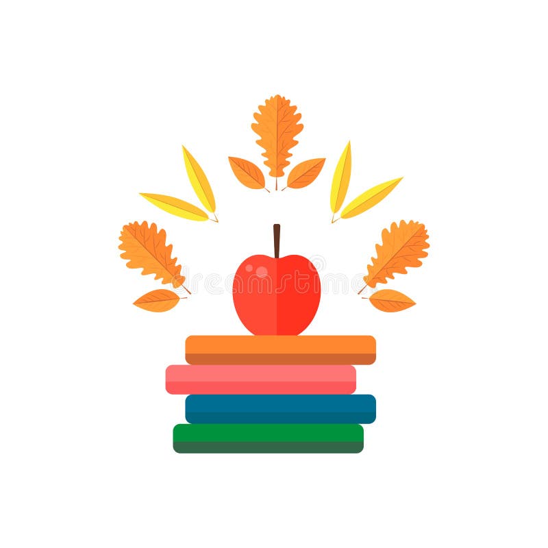 Flat Style Icon Stack of Books and an Apple. Cute Simple Leaves Around ...