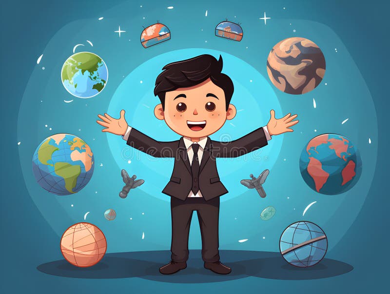 Young Science Enthusiast,Boy in Suit Holding Globe, Surrounded by ...