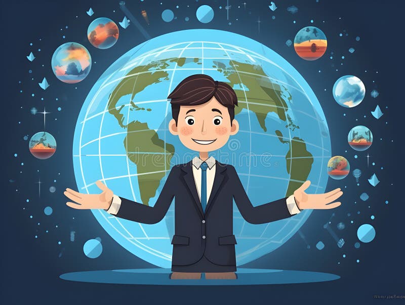 Young Science Enthusiast,Boy in Suit Holding Globe, Surrounded by Science Elements - Flat-Style ...