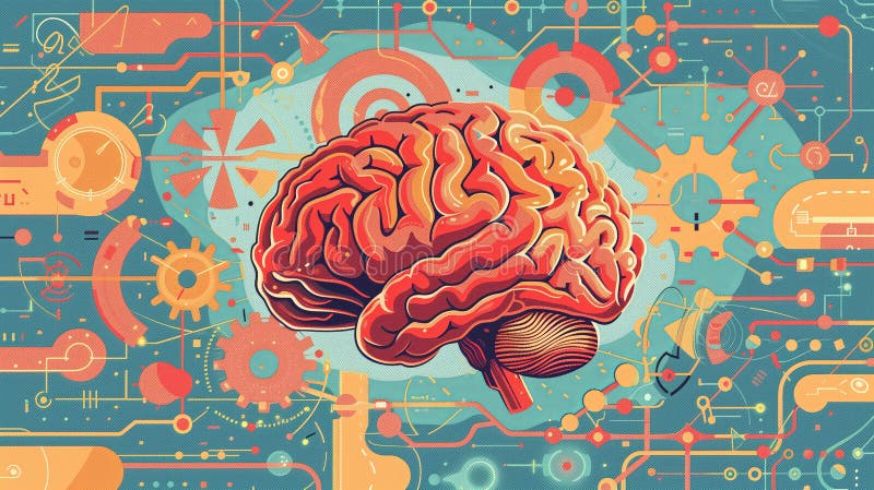 A Flat Style Illustration of a Human Brain, Depicted with Gears and ...