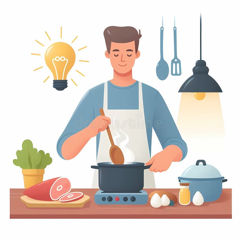 Man Cooking in Kitchen – Flat Illustration on White Background Stock ...