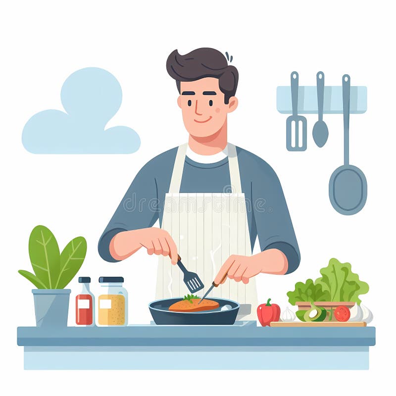 Man Cooking in Kitchen – Flat Illustration on White Background Stock ...