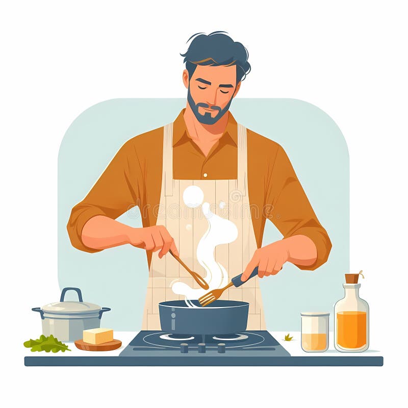 Man Cooking in Kitchen – Flat Illustration on White Background Stock ...